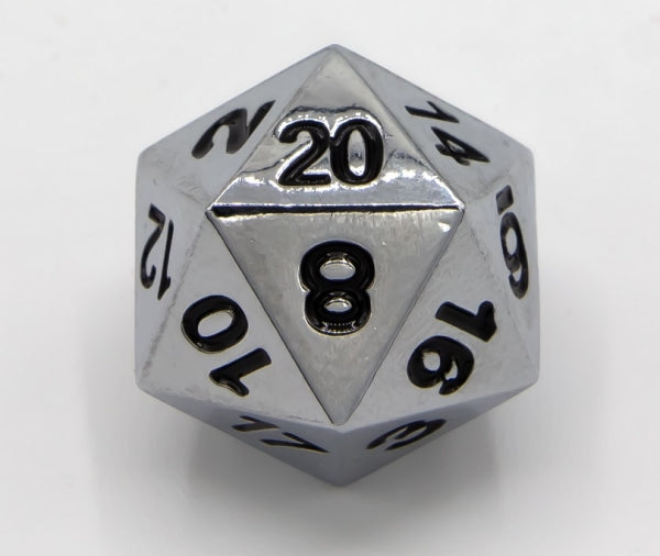 Single Metal D20 - Shiny Silver with Black numbers (1) – Game Kastle